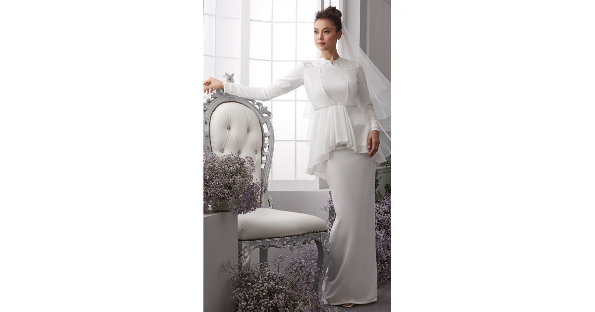 Wanzar Mareylla Brides Baju Kurung Peplum In Off White - White - L | We ...